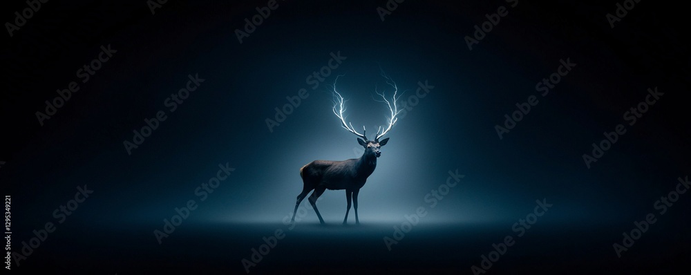 lightning bolt striking near a running deer, dramatic night sky ...