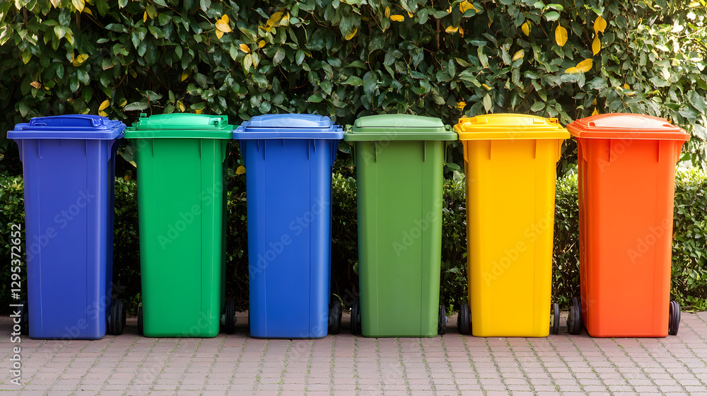 Colorful trash bins ready for separating types of waste, plastic ...