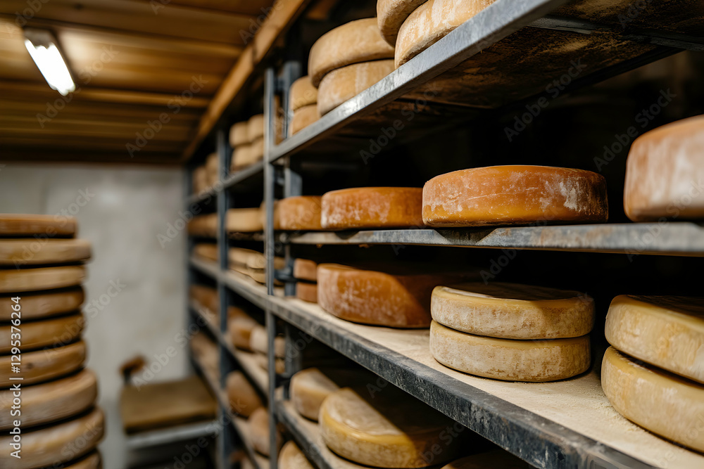 Rows upon rows of aging cheese wheels on metal racks in a controlled ...