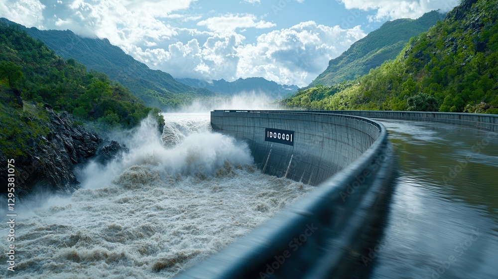 Climate change flood heavy rainfall river overflow. Raging river flows ...