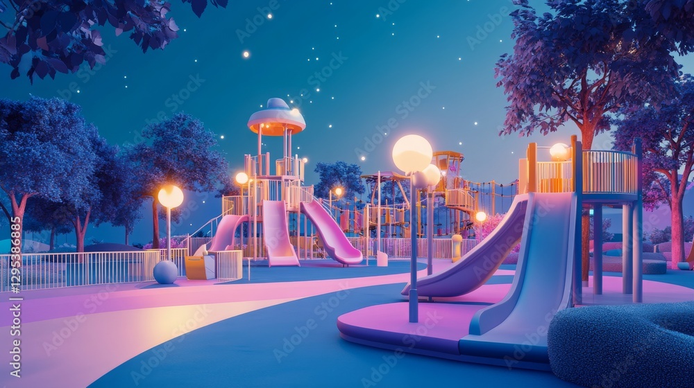 Children park landscape with interconnected play towers, double slides ...