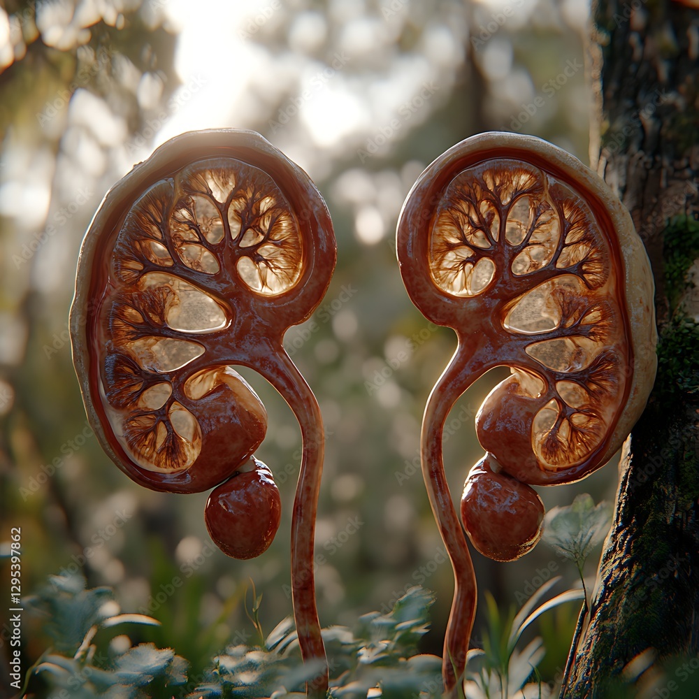 The illustration depicts realistic kidneys in a natural forest setting ...