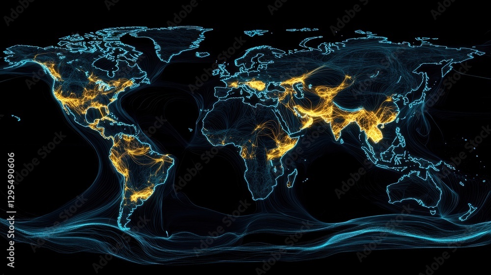 A futuristic world map glowing with submarine cable paths, connecting ...