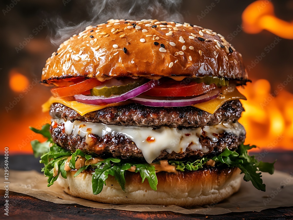 Steaming double cheeseburger, fire background Stock Photo | Adobe Stock
