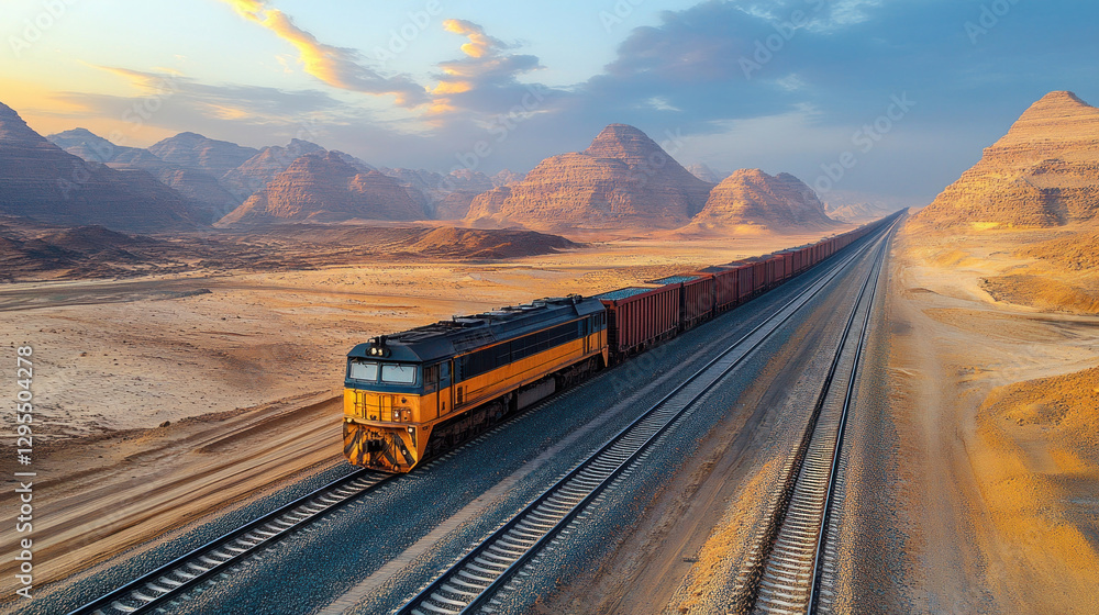 Saudi Arabian industrial rail transport, cargo trains carrying steel ...