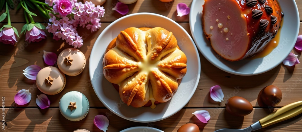 Lavish Easter brunch on a rustic oak table, a golden hot cross bun ...