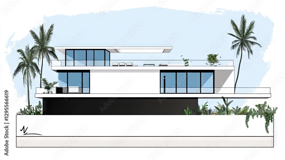 Modern architectural house design with palm trees for residence and ...