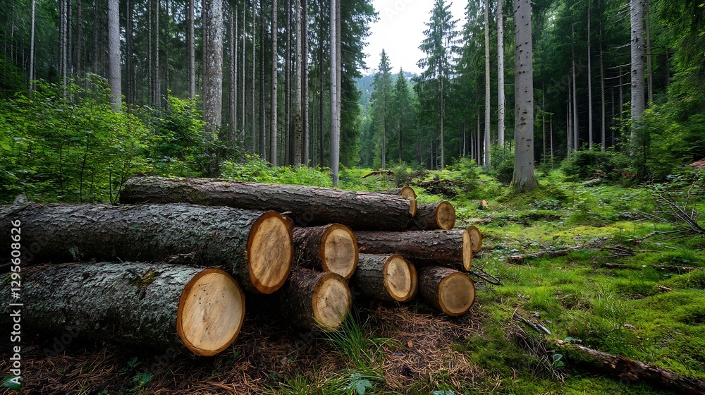 Logs stacked in a lush green forest highlighting sustainable forestry ...