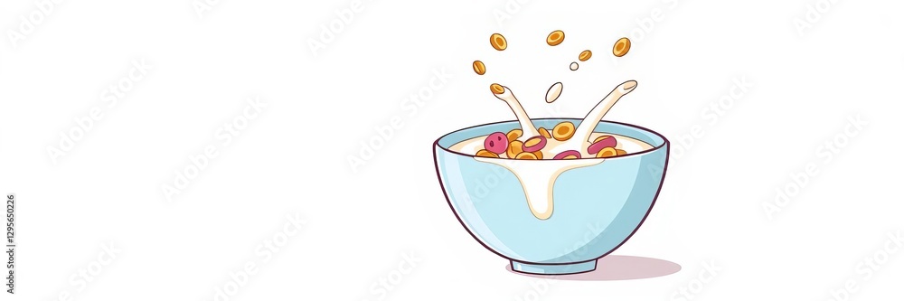 Cartoon illustration of pouring milk into cereal bowl on white ...