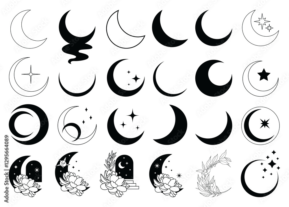 Moon, stars, moon phases, crystals, magic symbols. Vector set in ...