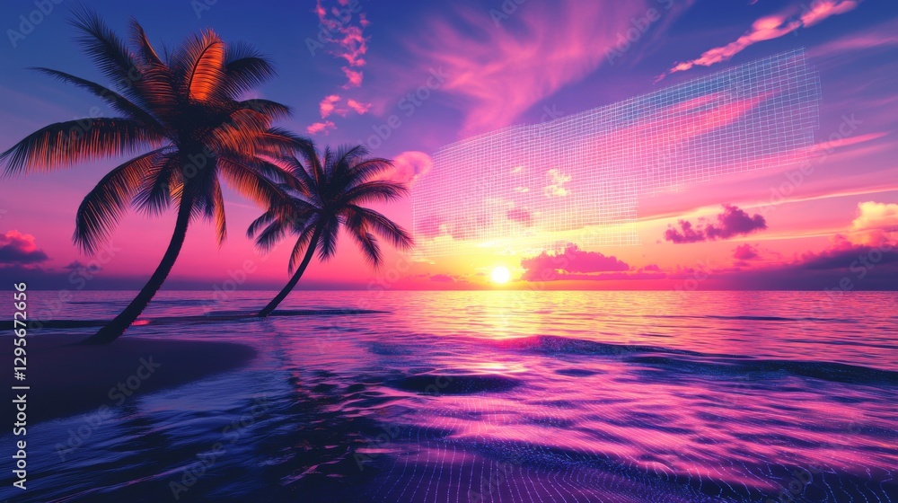 synthwave coastal vista, retro futuristic wireframe ground, neon laser ...