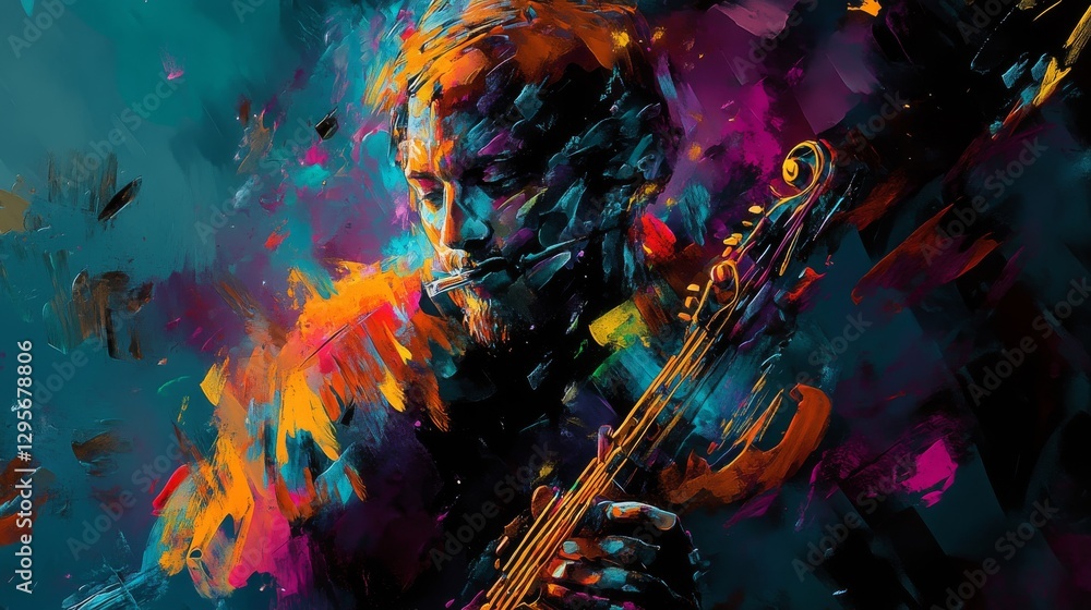 Abstract musician portrait, fragmented digital elements, bold ...