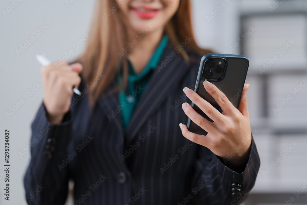 Success at Her Fingertips: A close-up of a woman in a business suit ...