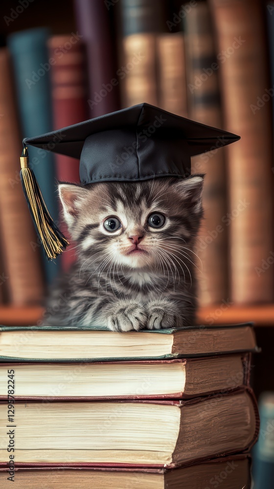 Cute Kitten's Graduation: A charming kitten, perched atop a stack of ...