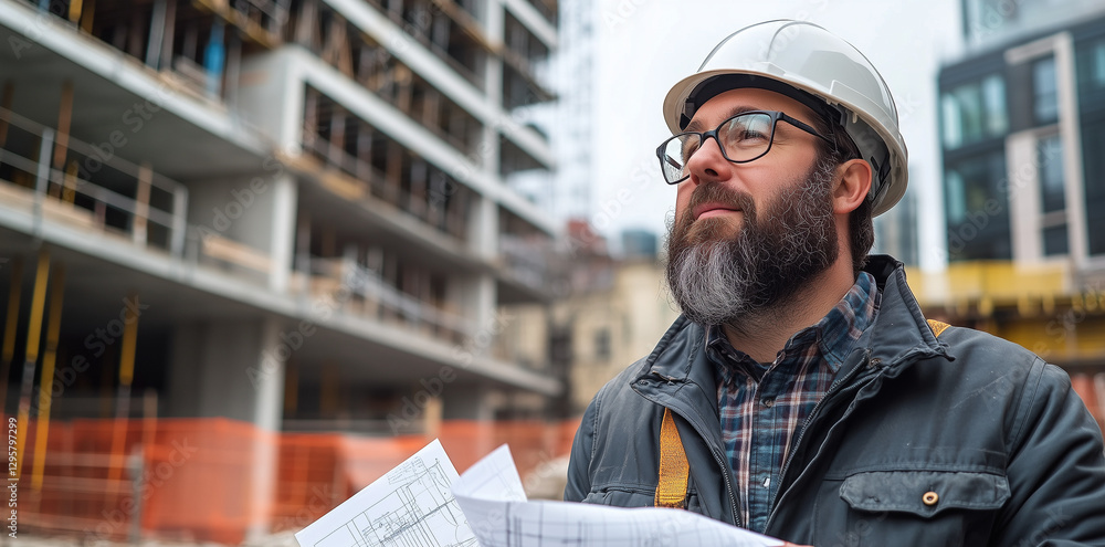 Professional construction worker wearing a safety hard hat, carefully ...