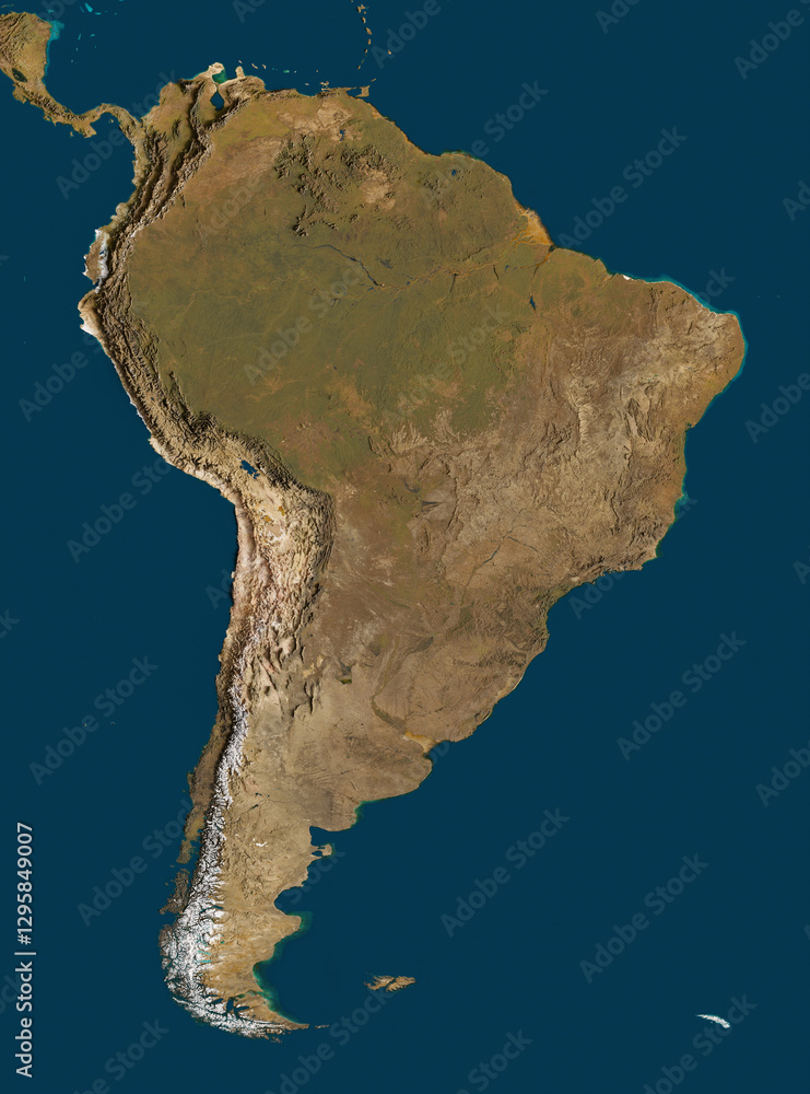3D illustration of a highly detailed map of South America. Satellite ...