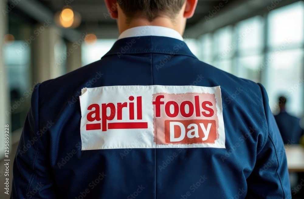 businessman in a suit with an April Fools' Day sign taped to his back ...