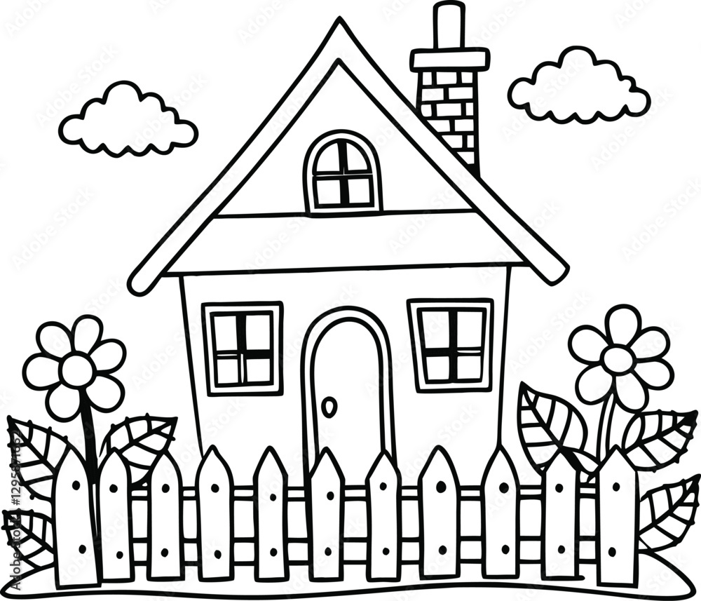 Adorable House Coloring Page Vector Illustration for Kids - Printable ...