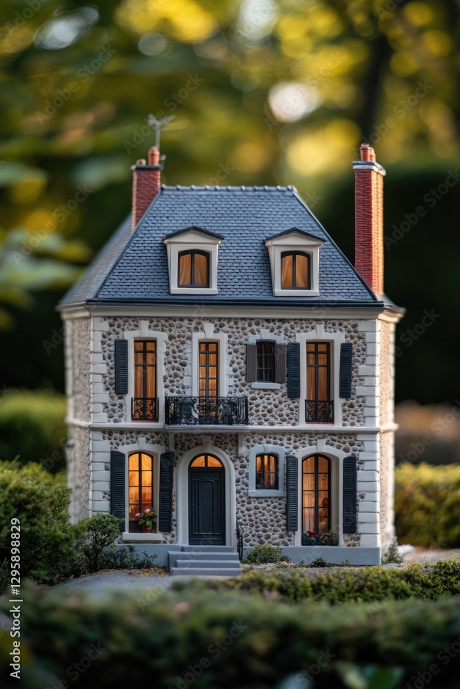 Small, detailed model of a French chateau with stone exterior, wooden ...