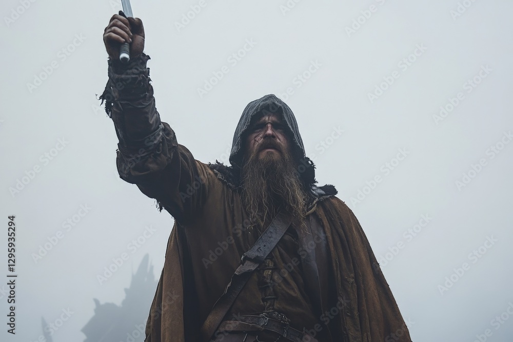 Foto de Stock Powerful warrior stands strong under misty sky ...