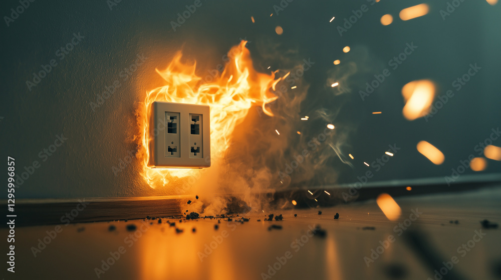 Burning electrical outlet emitting sparks and smoke, potential fire ...