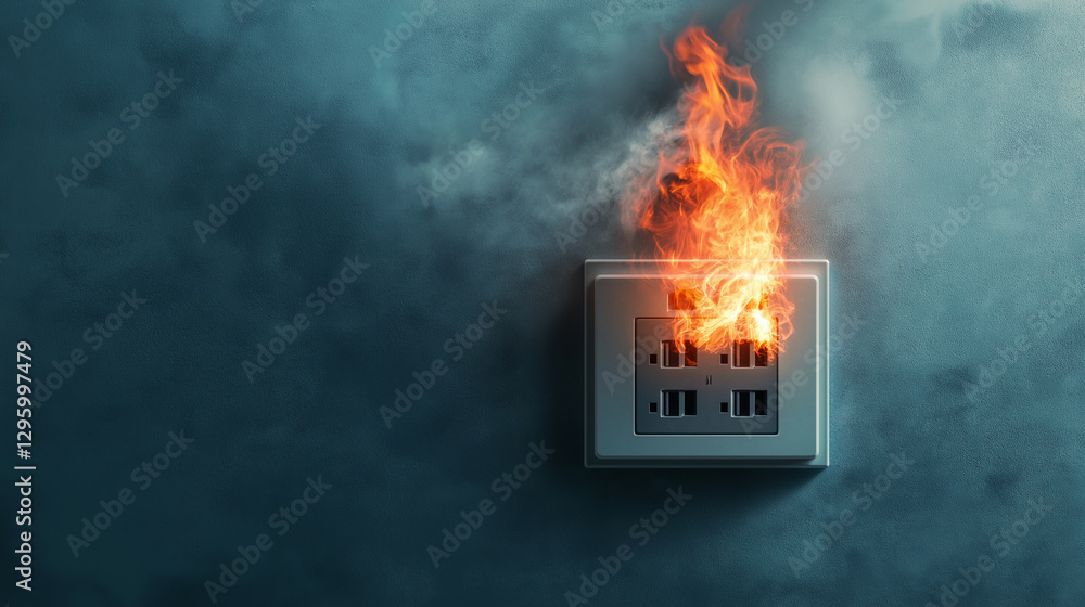 Damaged wall socket with visible fire sparks and smoke curling upward ...