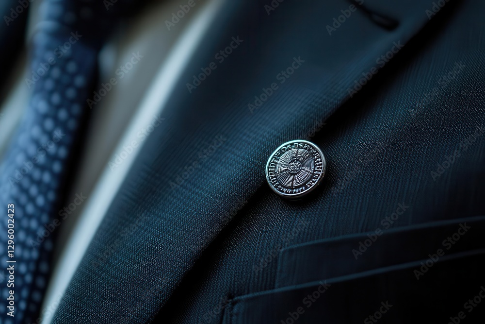 extreme close-up of a corporate badge, silver pin glinting under office ...