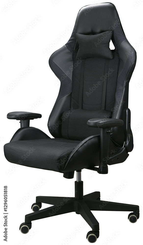 Black gaming chair on wheels with high back isolated on a transparent ...