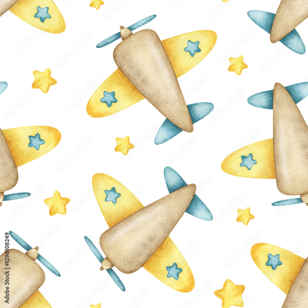 Yellow baby airplane with propeller and stars. Kids watercolor seamless ...