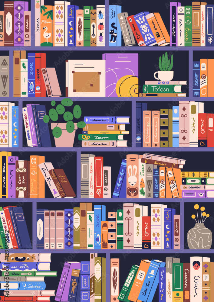 Bookshelf background. Book shelf, education card with literature for ...