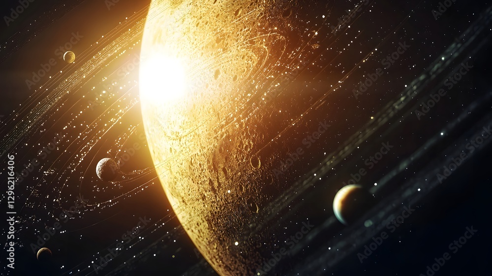 Glowing solar system with planets of various sizes and colors orbiting ...