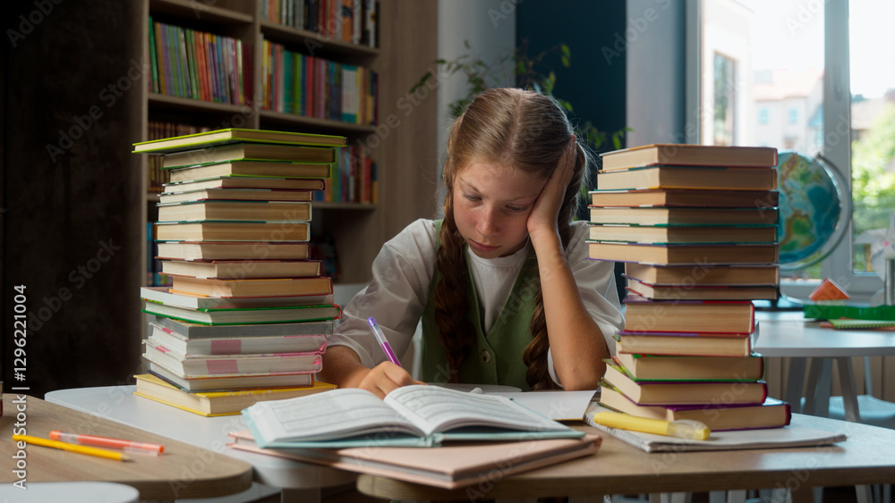 Angry irritated annoyed Caucasian little girl schoolkid child school kid schoolgirl learner ...