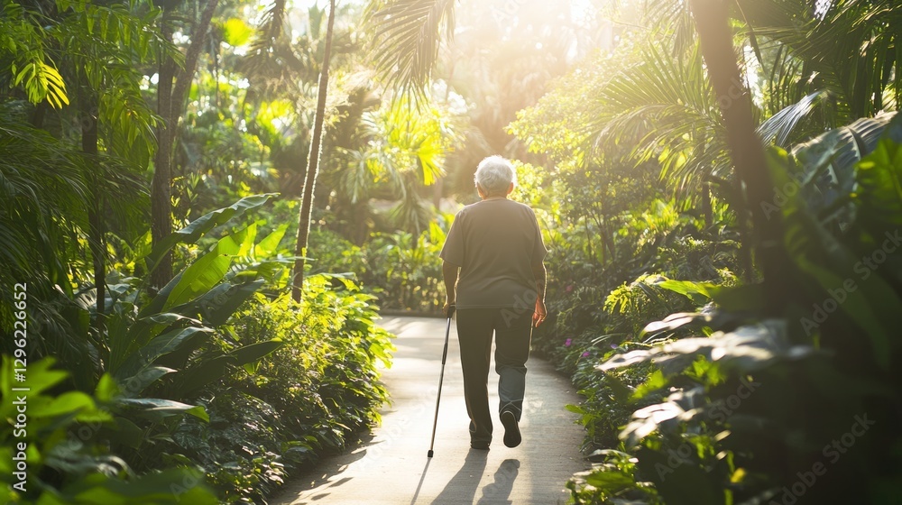 Rare illness patient using a walking aid in a peaceful outdoor garden ...