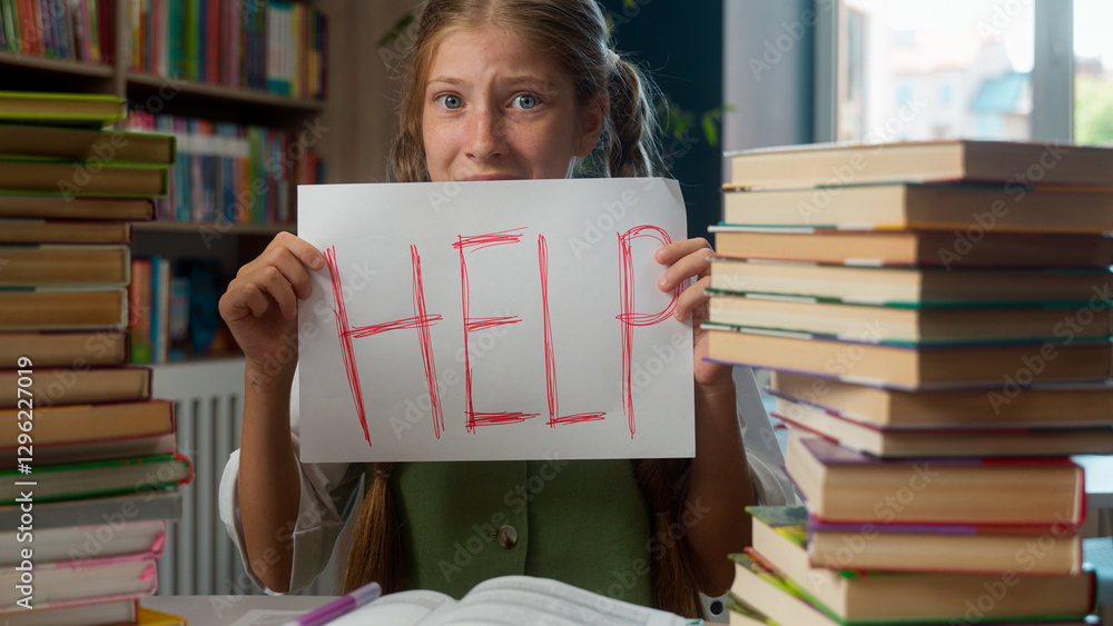 Scared fatigued upset Caucasian little girl child kid schoolgirl school pupil learner student ...