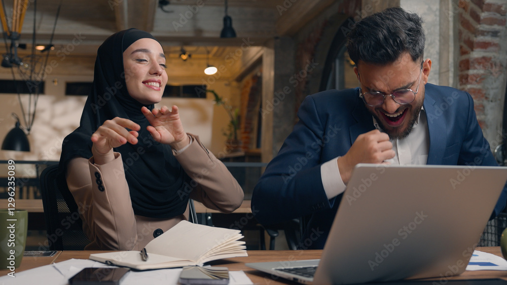 Arabian muslim islamic woman in hijab Indian man business partners ...
