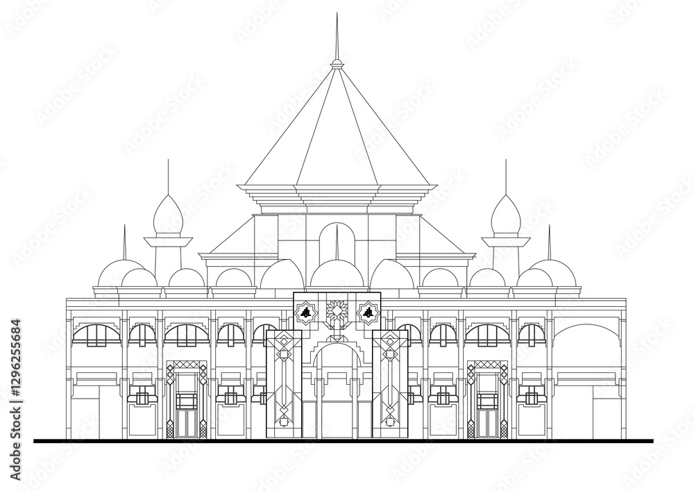 Mosque facade architectural line drawing. Symmetrical design, arched ...