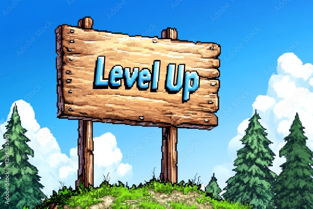 Ilustración de Stock Pixel art game style: A billboard with the text ...