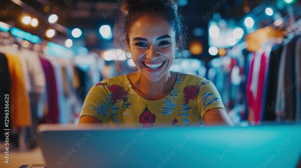 A woman, her face alight with joy, navigates the digital aisles of an ...