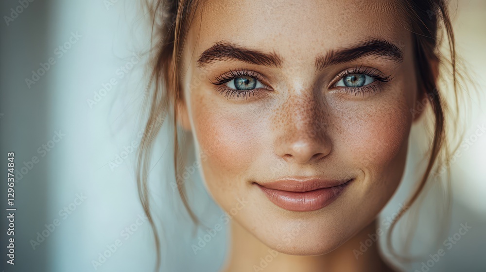 A young woman radiates natural beauty, her skin flawless and free from ...