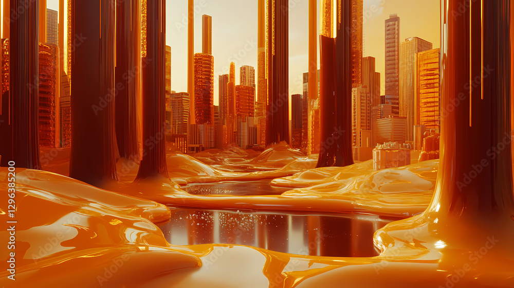 Surreal cityscape made of flowing caramel and dark chocolate melting ...