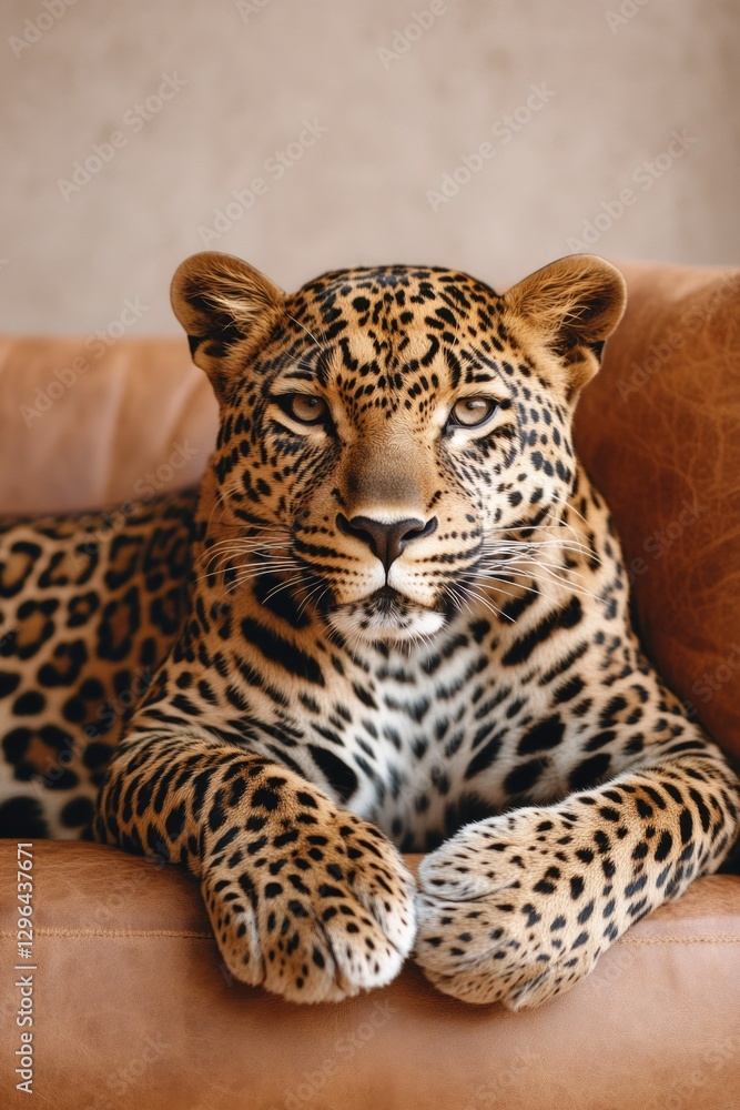 This is an image of a leopard sitting on a couch indoors. It's a unique ...