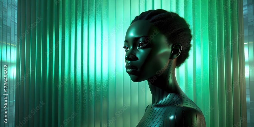 Reeded Glass. Ribbed Background. Digital woman face for AI technology ...