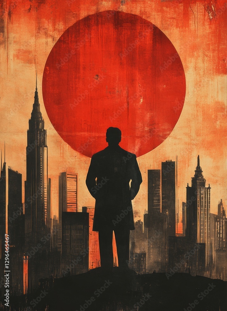 Soviet leader silhouette against red sun with urban skyline: retro ...