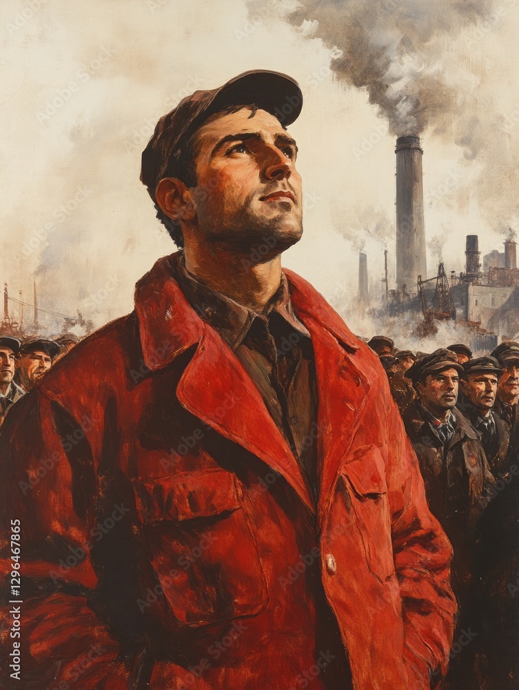 Industrial worker leading a crowd in a soviet propaganda poster with ...