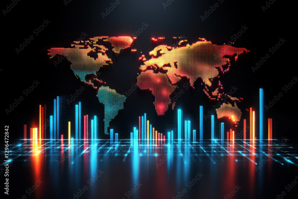 Global Data Visualization with Bar Graph and World Map Background Stock Illustration | Adobe Stock