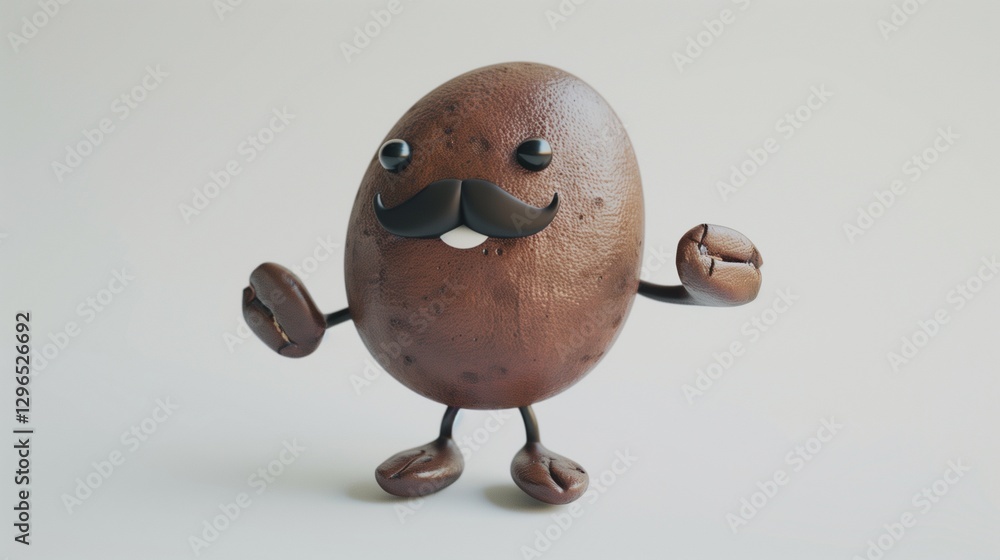 A playful coffee bean with a tiny mustache, flexing its tiny arms ...