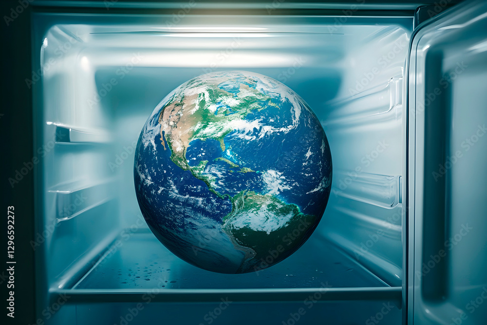 Planet Earth housed in a fridge from a top view perspective. AI ...