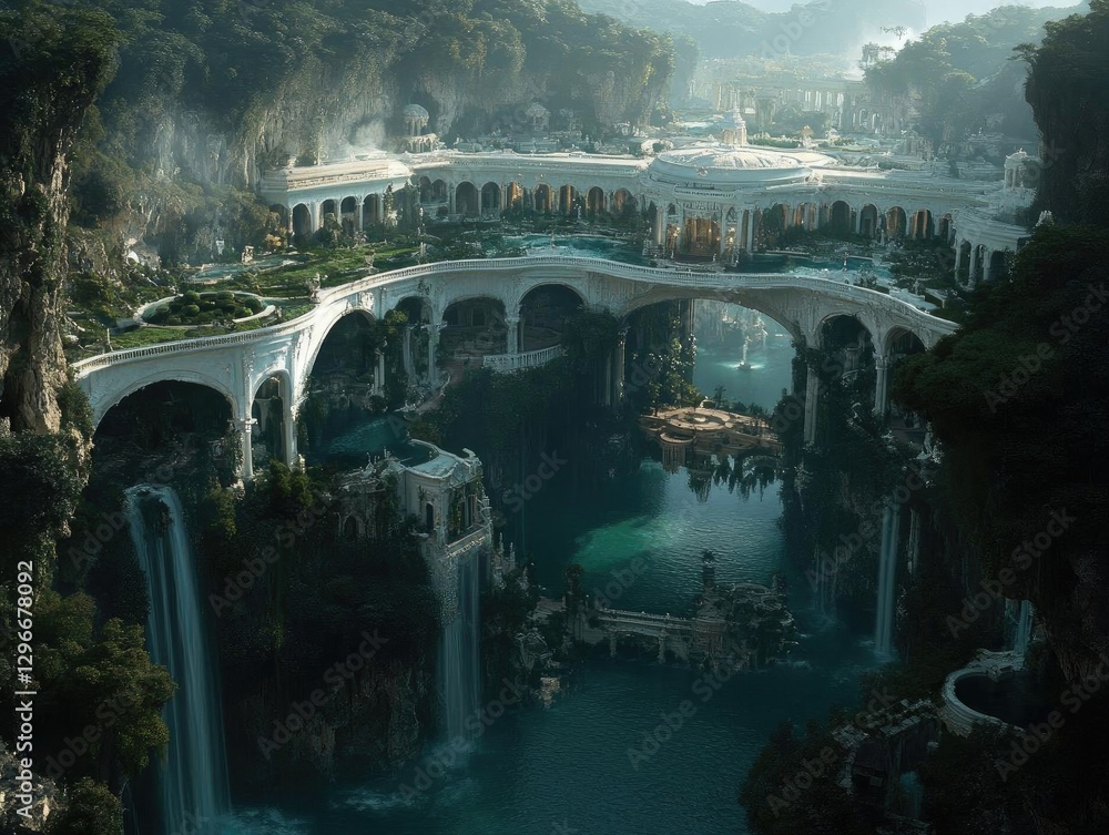 Waterfalls Cascade Through Ancient City, Bridges Arch Over Deep Pools ...