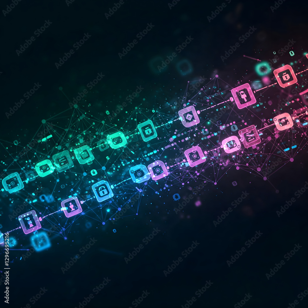 Blockchain theme background, interconnected nodes and blocks, digital network, cryptocurrency ...