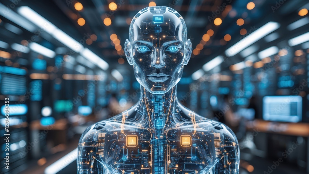 Futuristic humanoid robot in a high-tech data center environment with glowing circuitry and ...